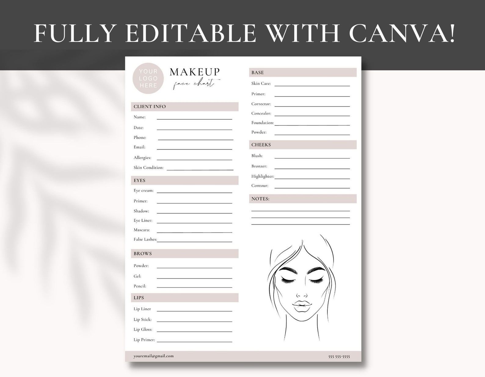 Editable Makeup Face Chart | Makeup Artist Template | Makeup Artist ...