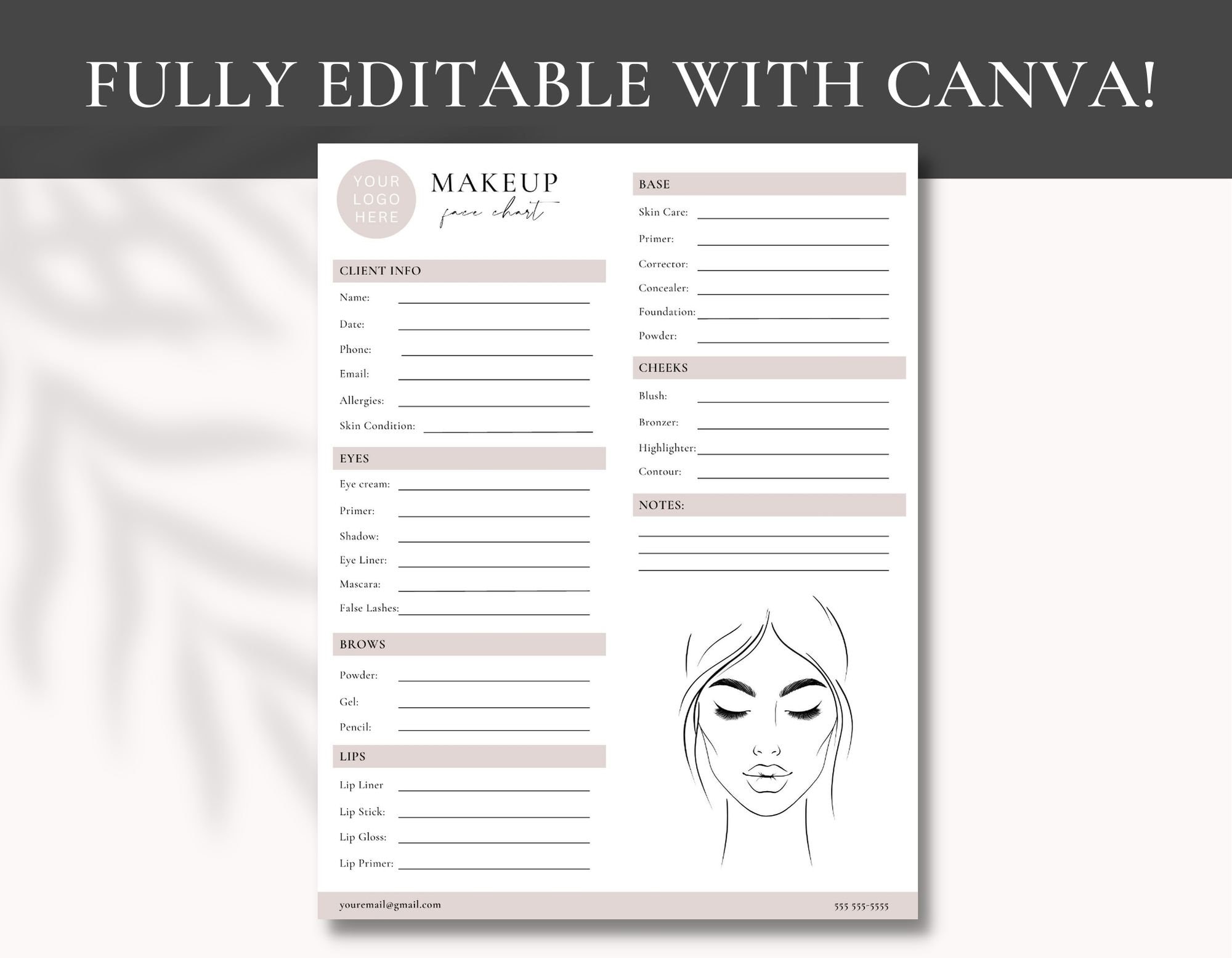 Editable Makeup Face Chart Makeup Artist Template Makeup Artist ...