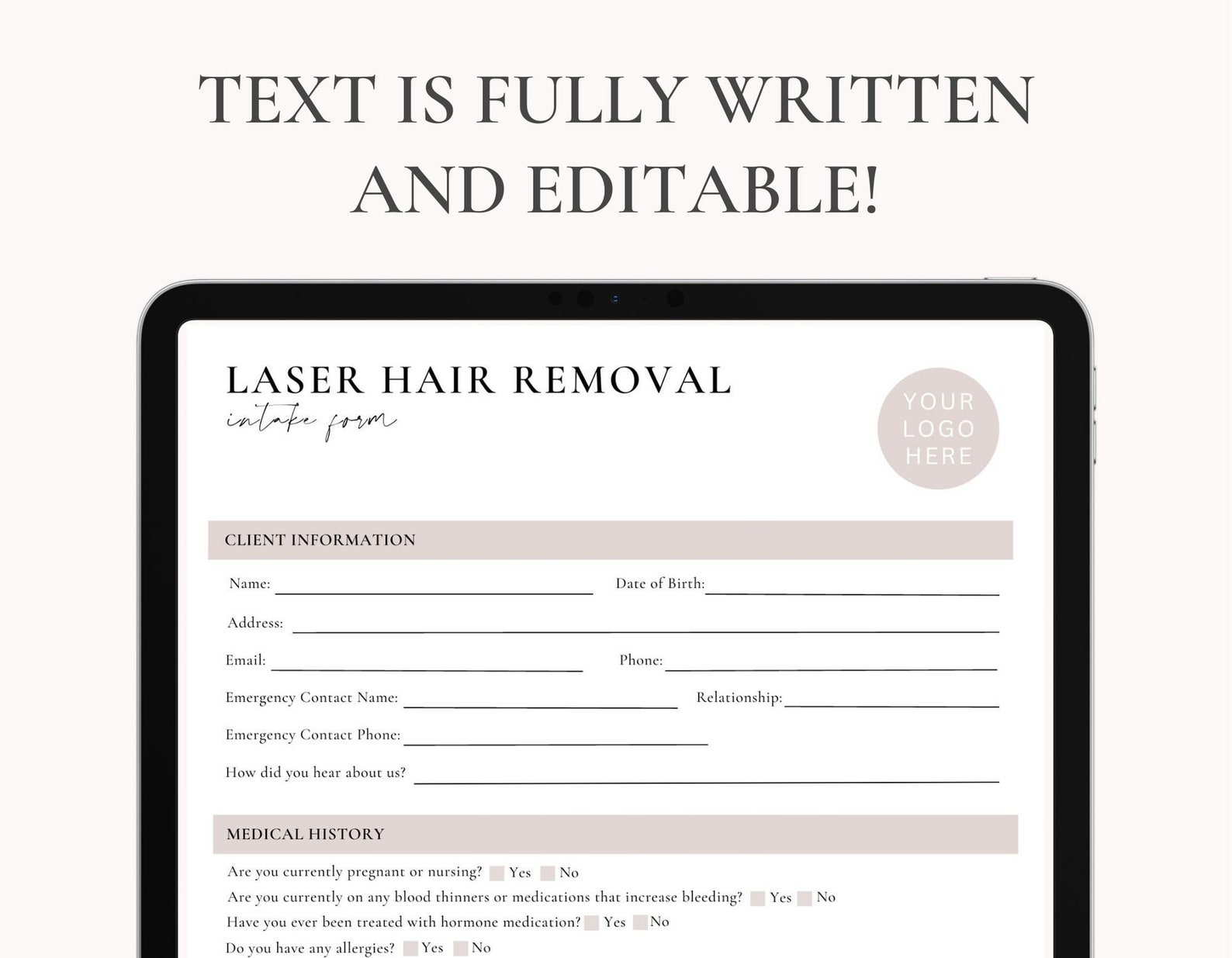 Laser Hair Removal Client Intake Form | Laser Hair Removal Consult Form ...