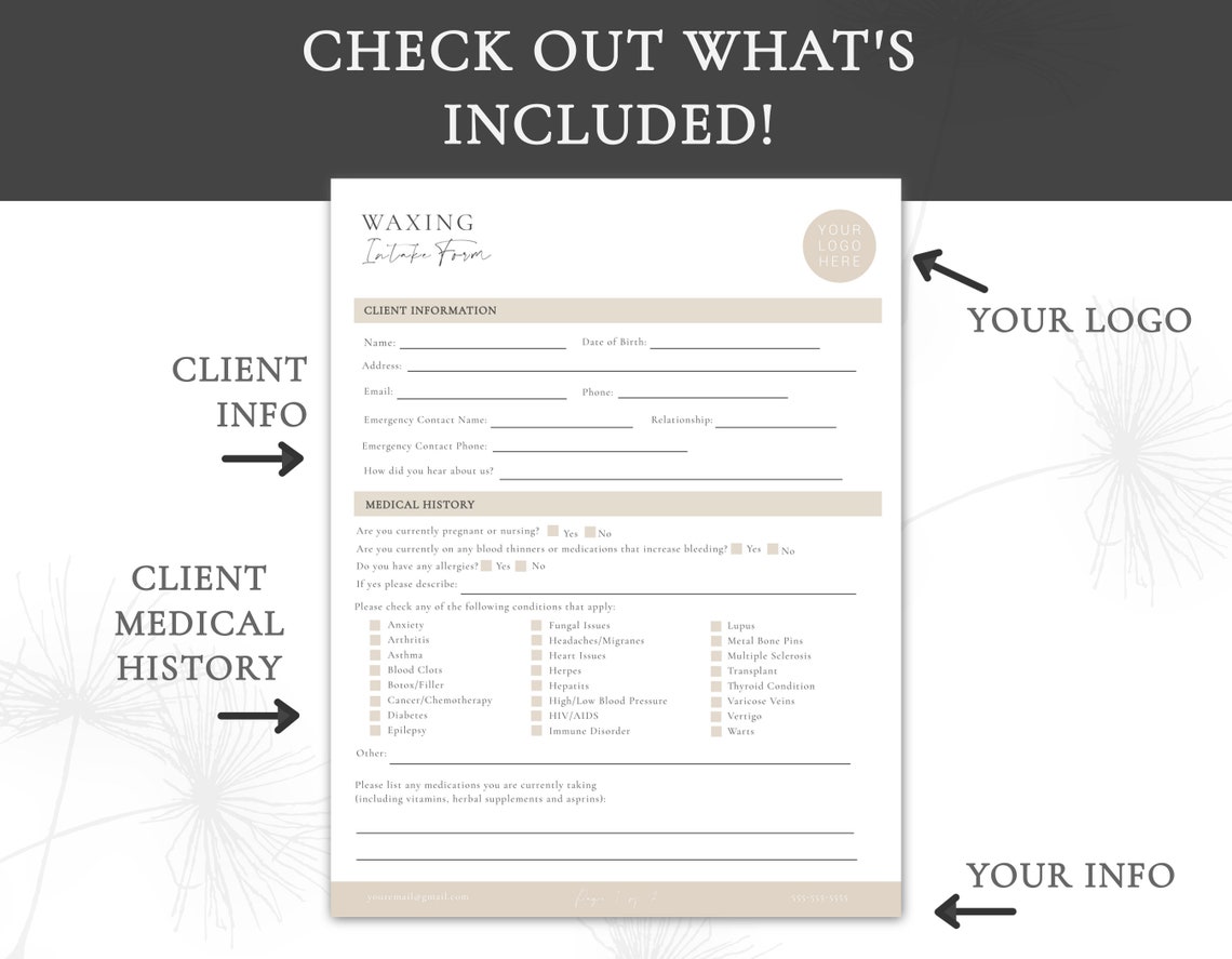 Editable Waxing Treatment Forms | Editable Waxing Client Intake Form ...