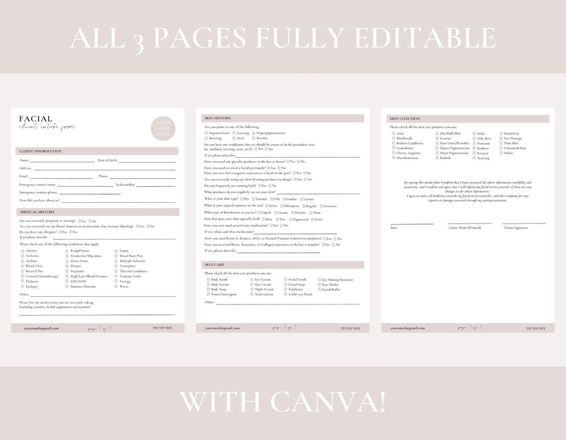 Facial Client Intake Form Facial Treatment Form Facial Consultation ...