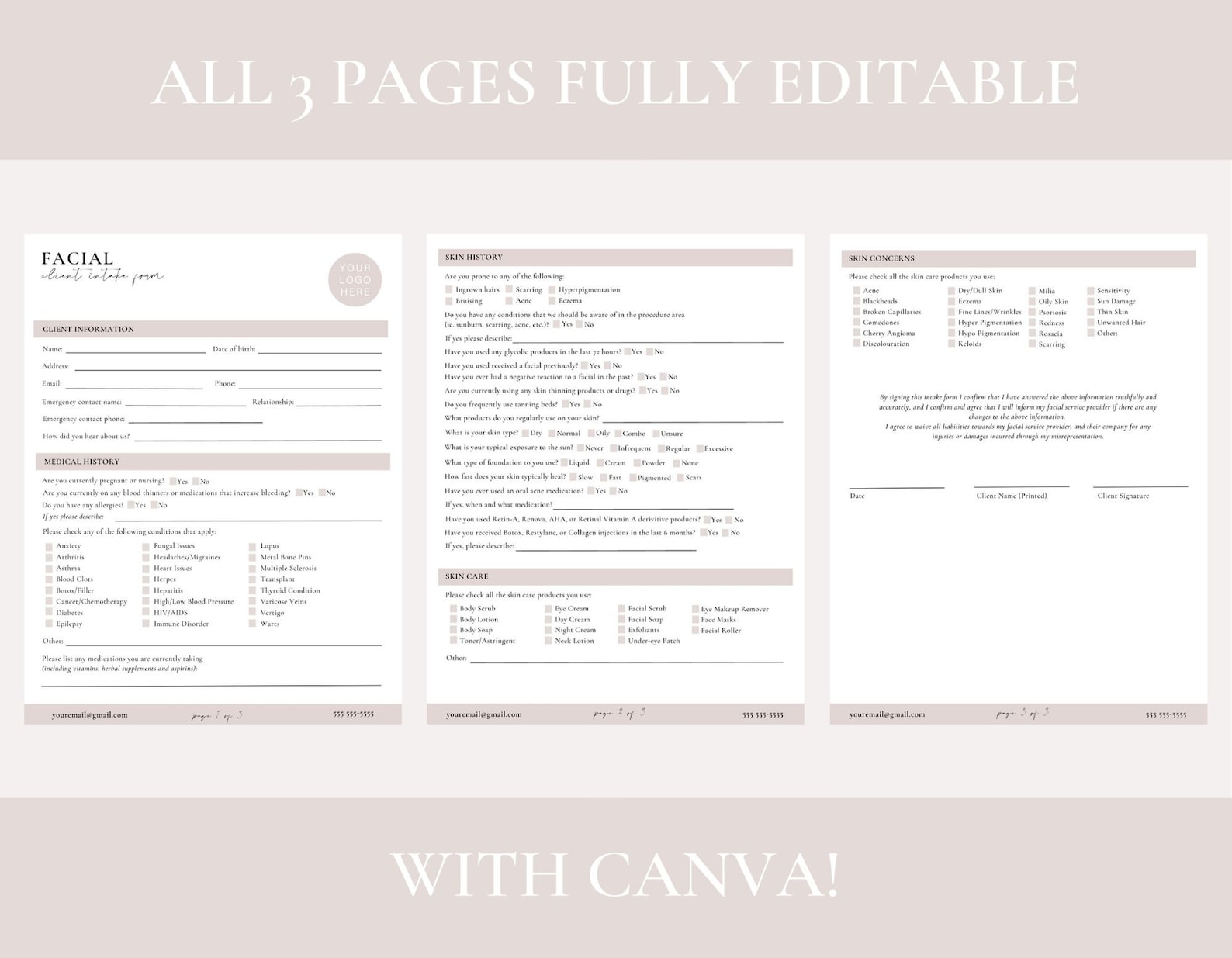 Facial Client Intake Form | Facial Treatment Form | Facial Consultation ...
