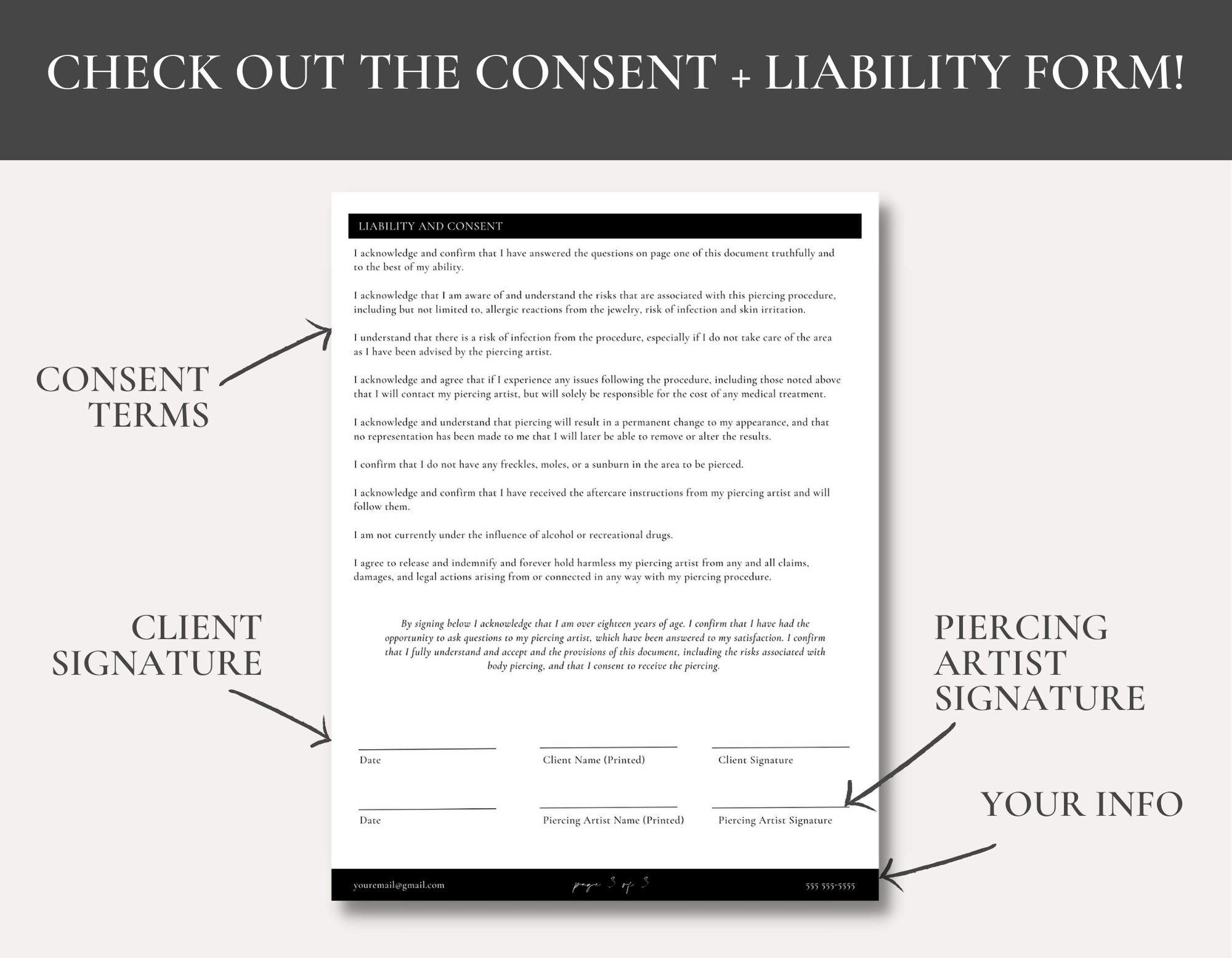 Piercing Client Intake and Consent Form Ear Piercing Form Template Body ...