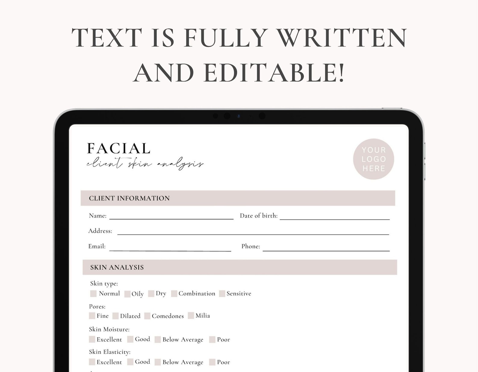 Facial Client Skin Analysis Form | Facial Client Intake Form | Client ...