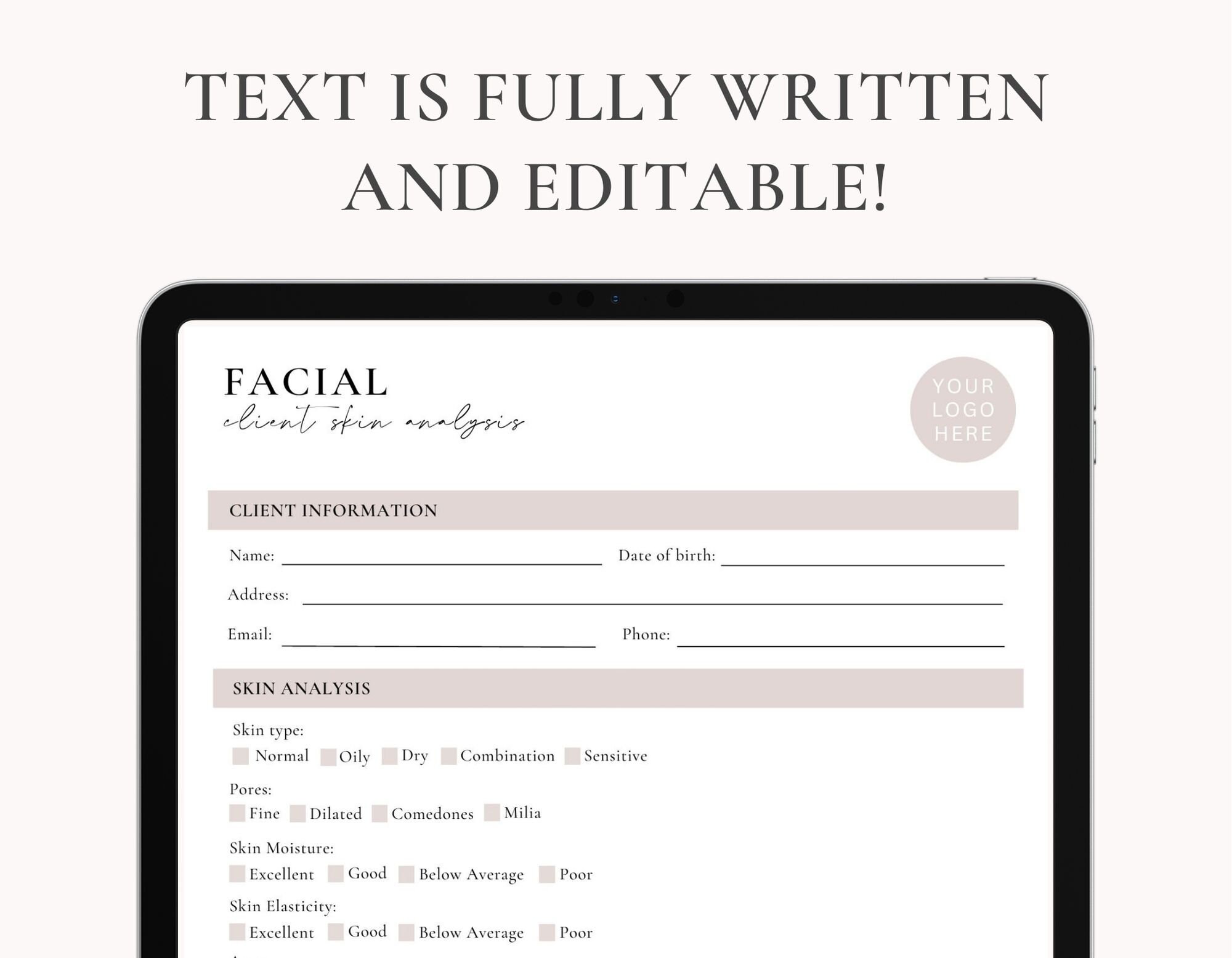 Facial Client Skin Analysis Form | Facial Client Intake Form | Client ...