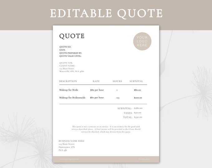 Quote Template, Editable Quotation Template, Quote Form, Small Business ...