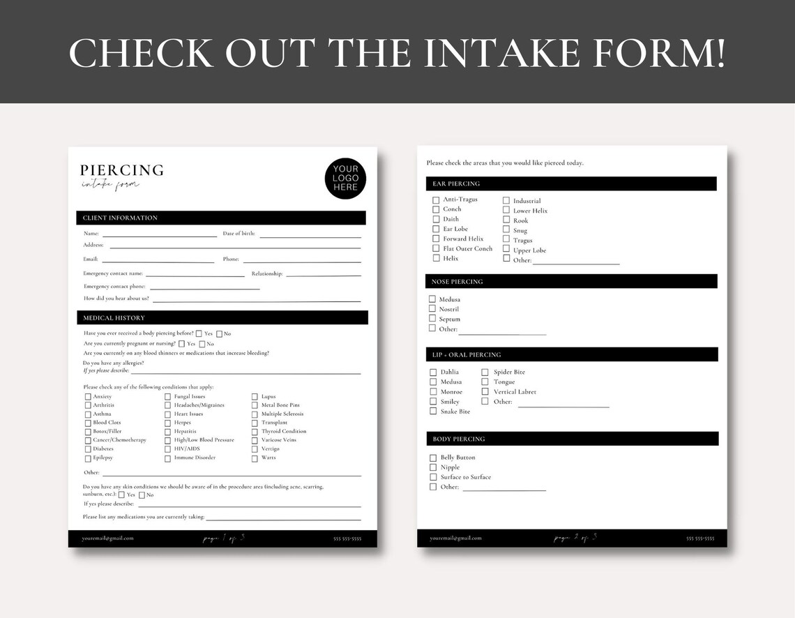 Piercing Client Intake and Consent Form Ear Piercing Form Template Body ...