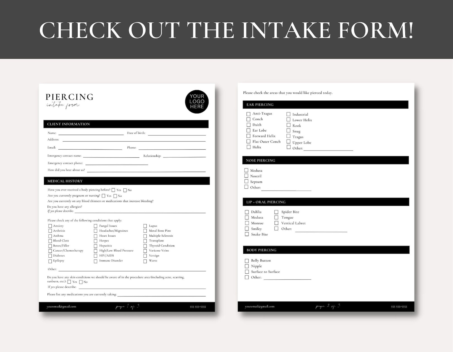 Piercing Client Intake and Consent Form Ear Piercing Form Template Body ...