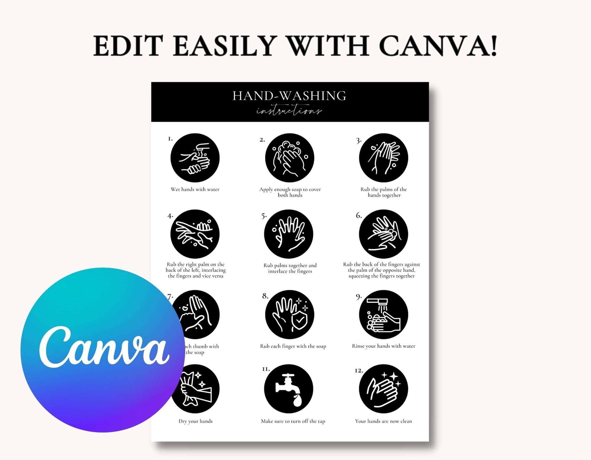 Illustrated Hand Washing Instructions Template | Hand-washing ...