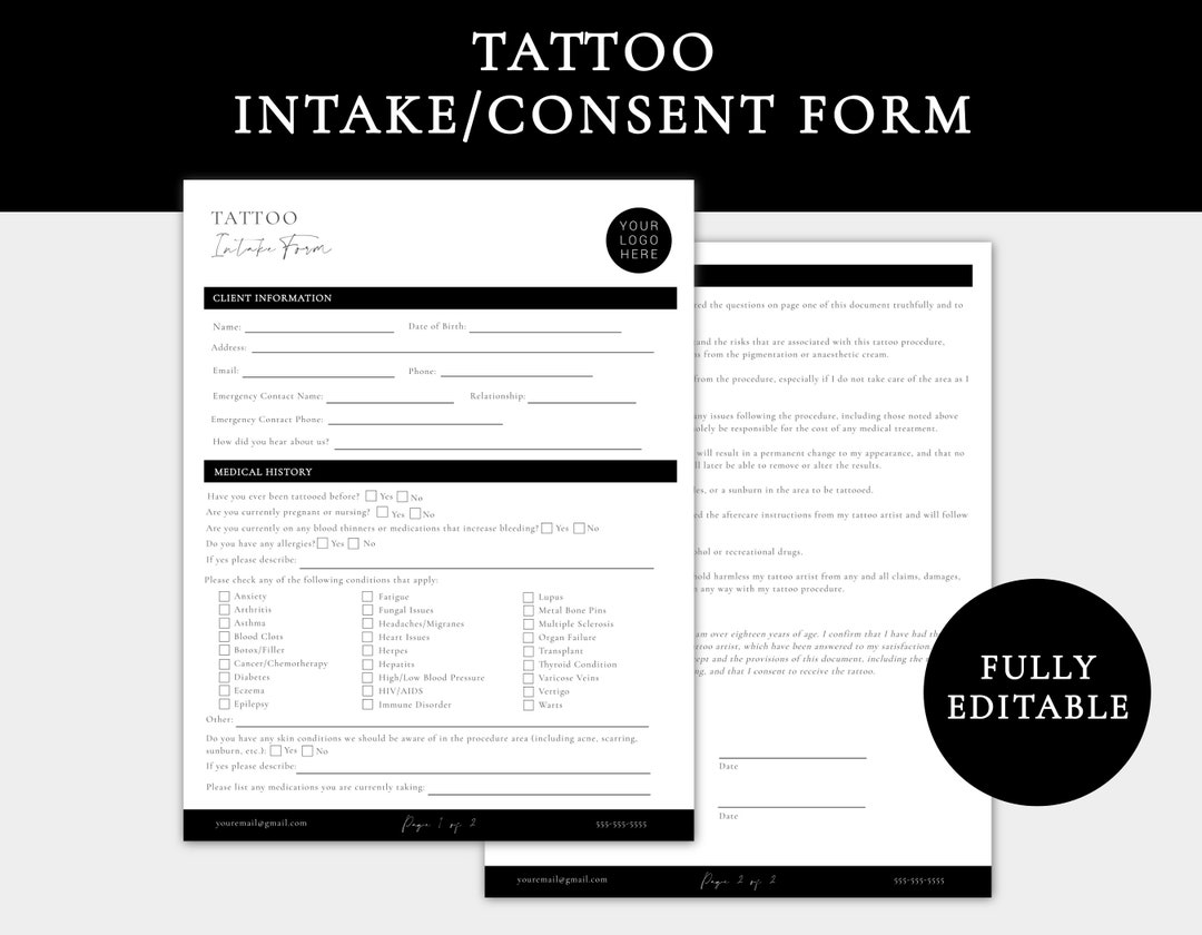 Tattoo Intake Form | Tattoo Consent Form | Tattoo Artist Forms | Tattoo ...