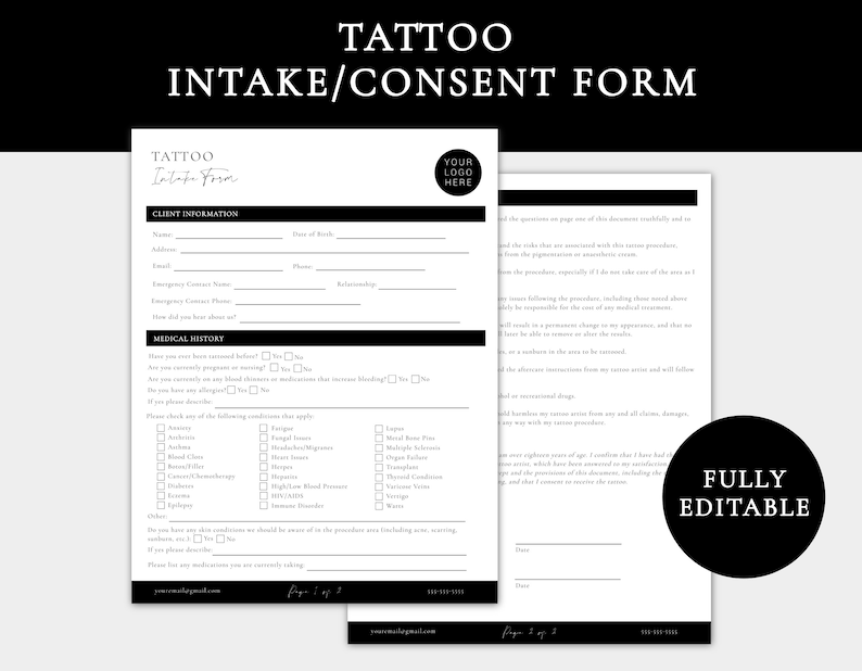 Tattoo Intake Form | Tattoo Consent Form | Tattoo Artist Forms | Tattoo ...