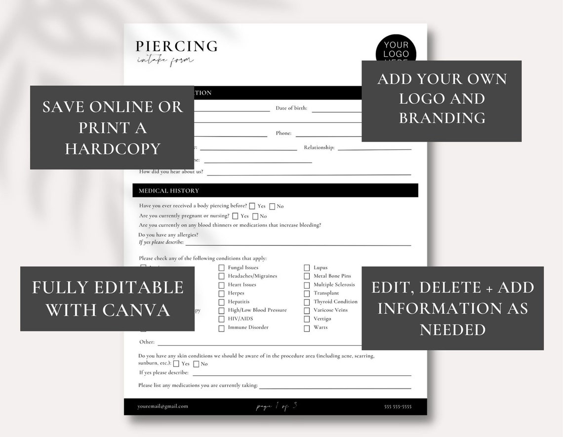 Piercing Client Intake and Consent Form Ear Piercing Form Template Body ...