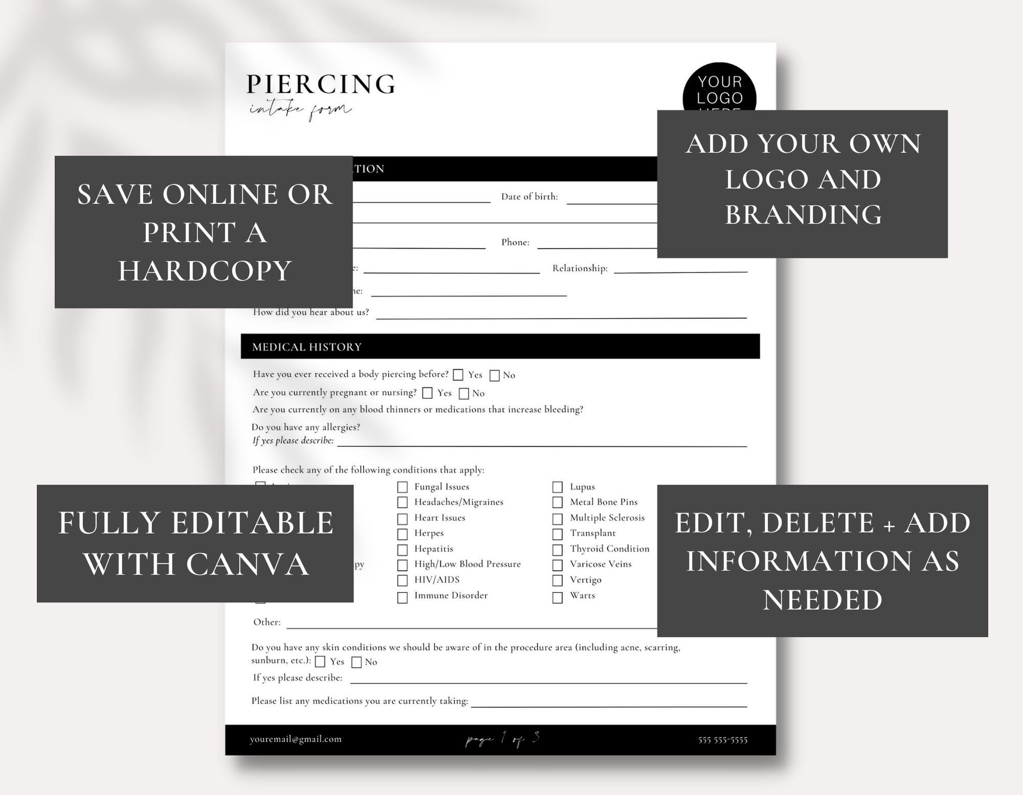 Piercing Client Intake and Consent Form Ear Piercing Form Template Body ...