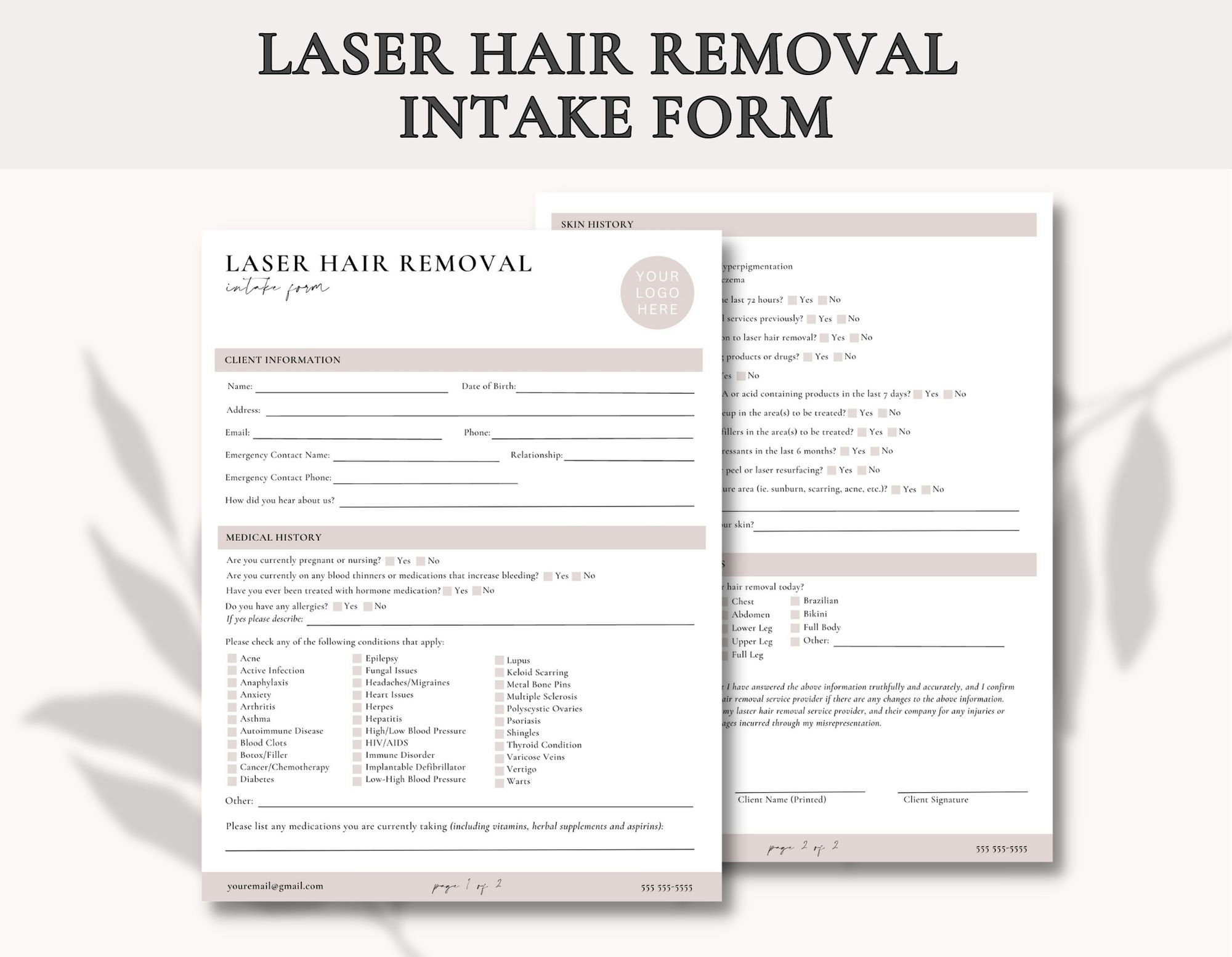 Laser Hair Removal Client Intake Form | Laser Hair Removal Consult Form ...