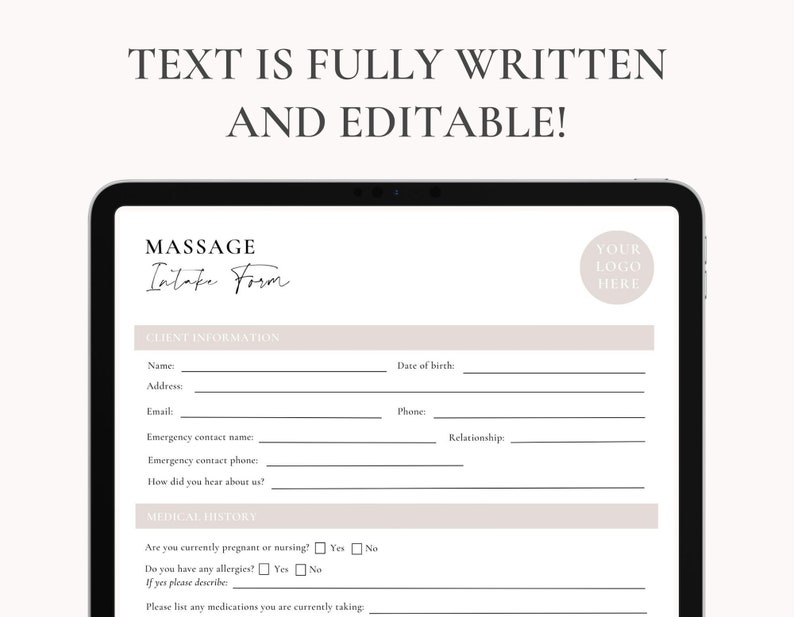 Massage Client Intake Form | Editable Client Intake Form | Massage ...