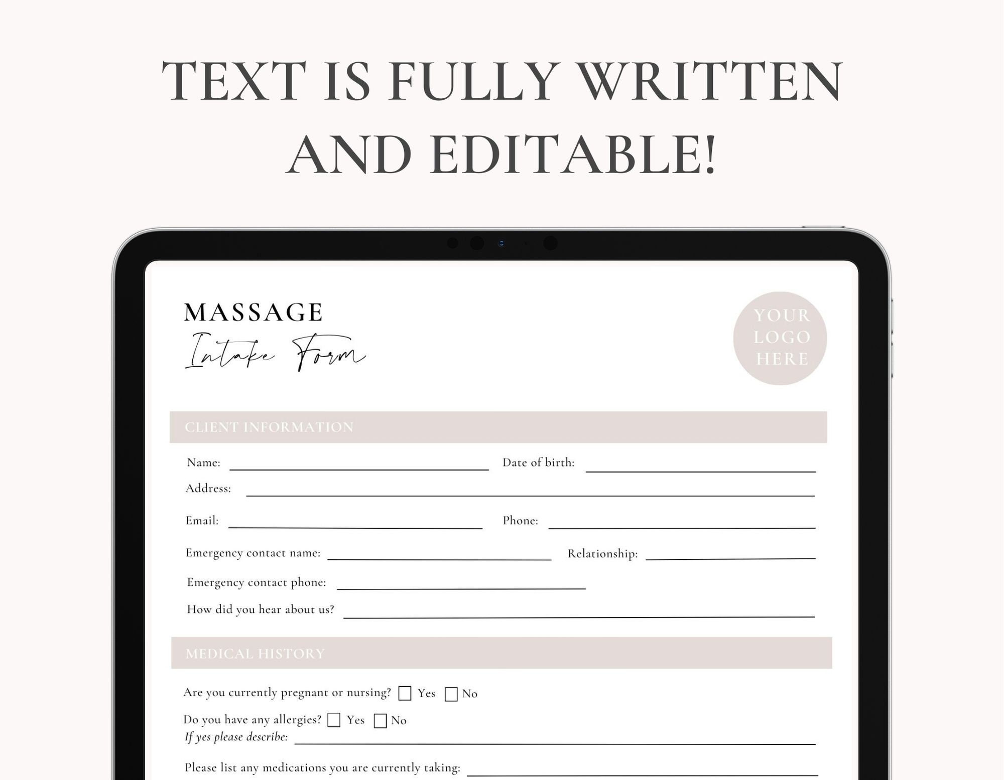 Massage Client Intake Form | Editable Client Intake Form | Massage ...
