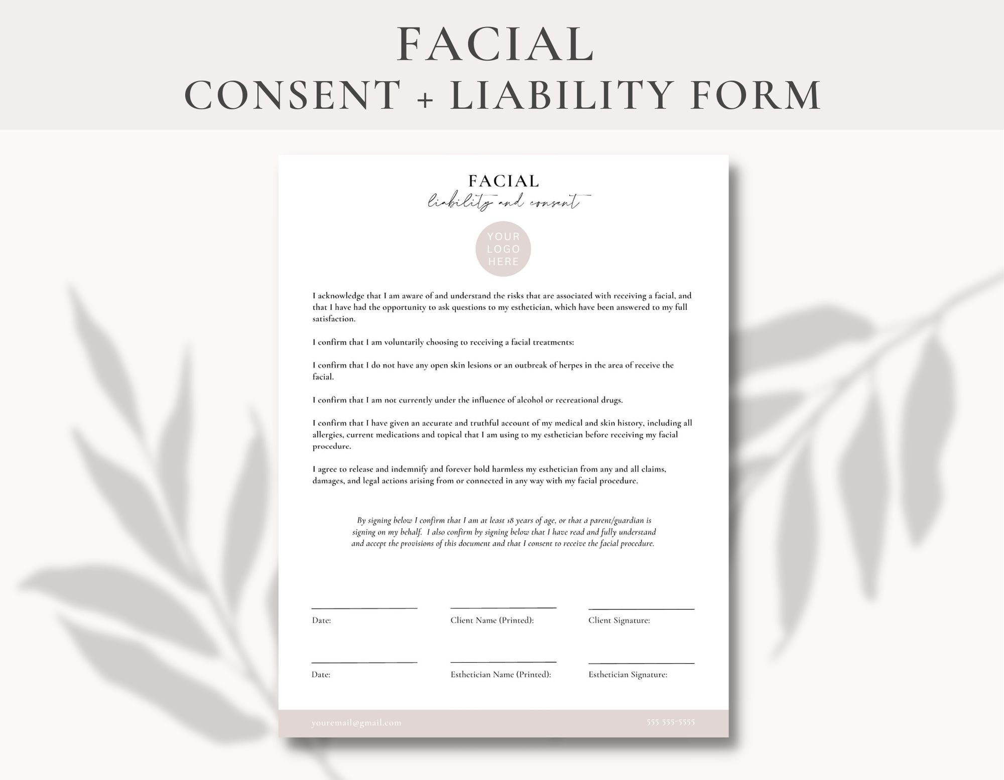 Facial Client Liability and Consent Form | Facial Treatment Form ...