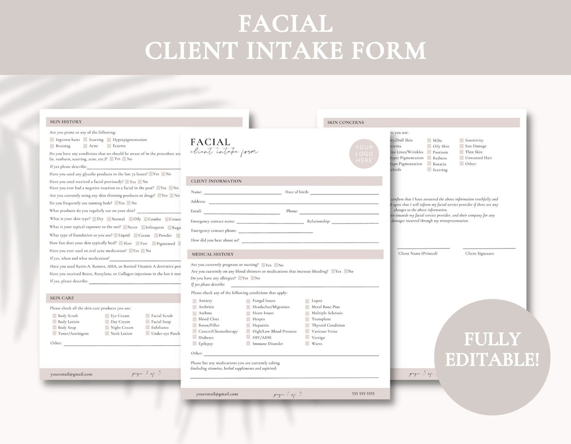 Facial Client Intake Form Facial Treatment Form Facial Consultation ...