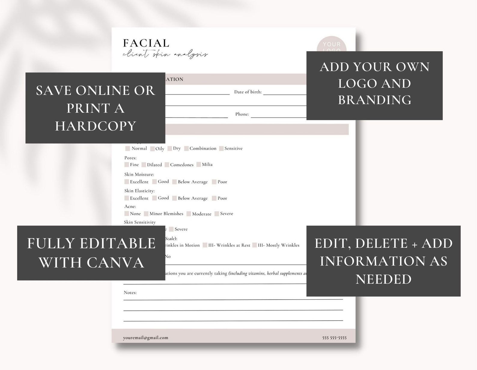 Facial Client Skin Analysis Form | Facial Client Intake Form | Client ...