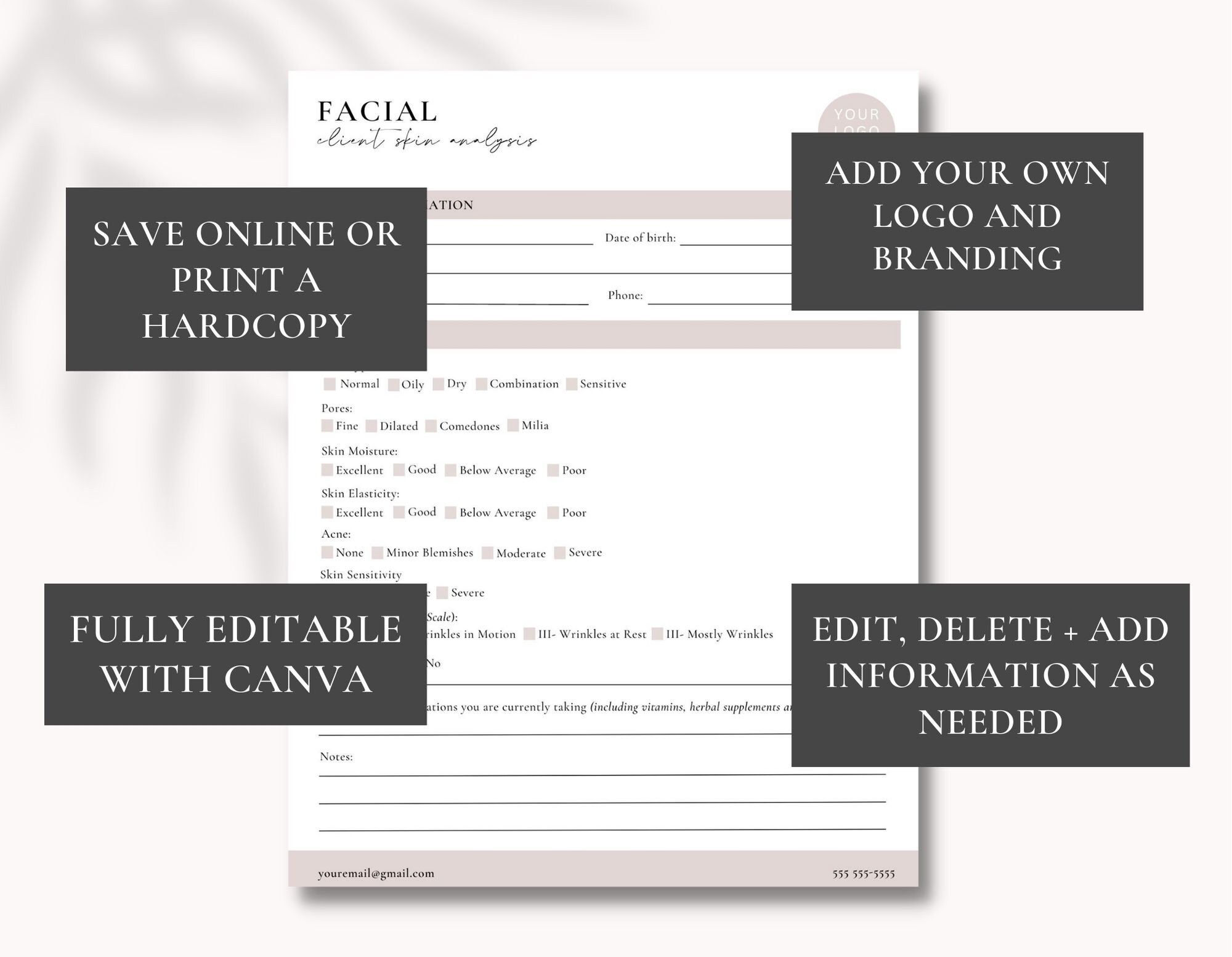 Facial Client Skin Analysis Form | Facial Client Intake Form | Client ...