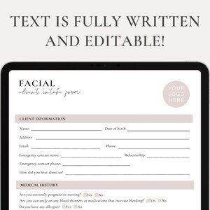 Facial Client Intake Form Facial Treatment Form Facial Consultation ...