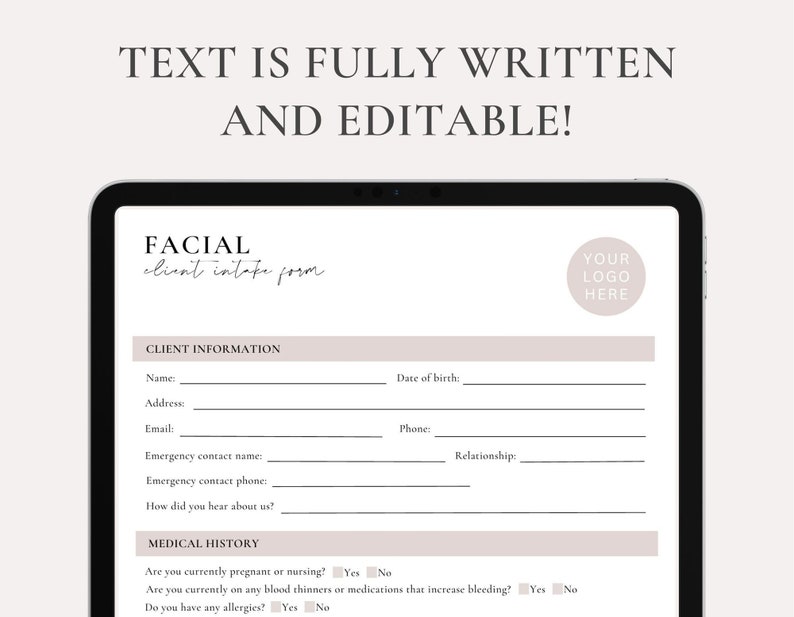 Facial Client Intake Form | Facial Treatment Form | Facial Consultation ...