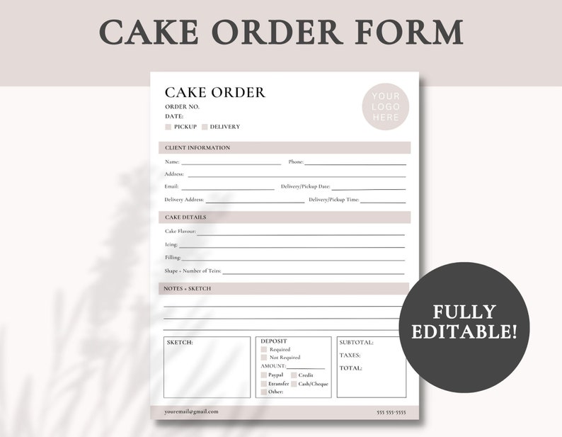 Cake Order Form Template | Bakery Template | Editable Cake Order Form ...