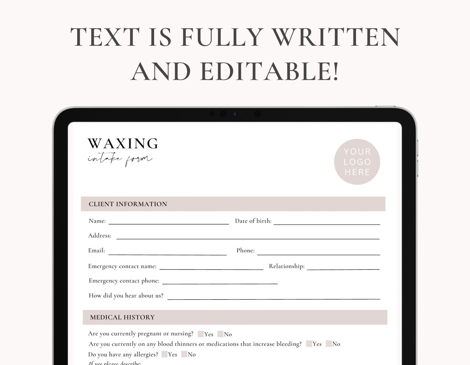 Editable Waxing Treatment Forms | Editable Waxing Client Intake Form ...