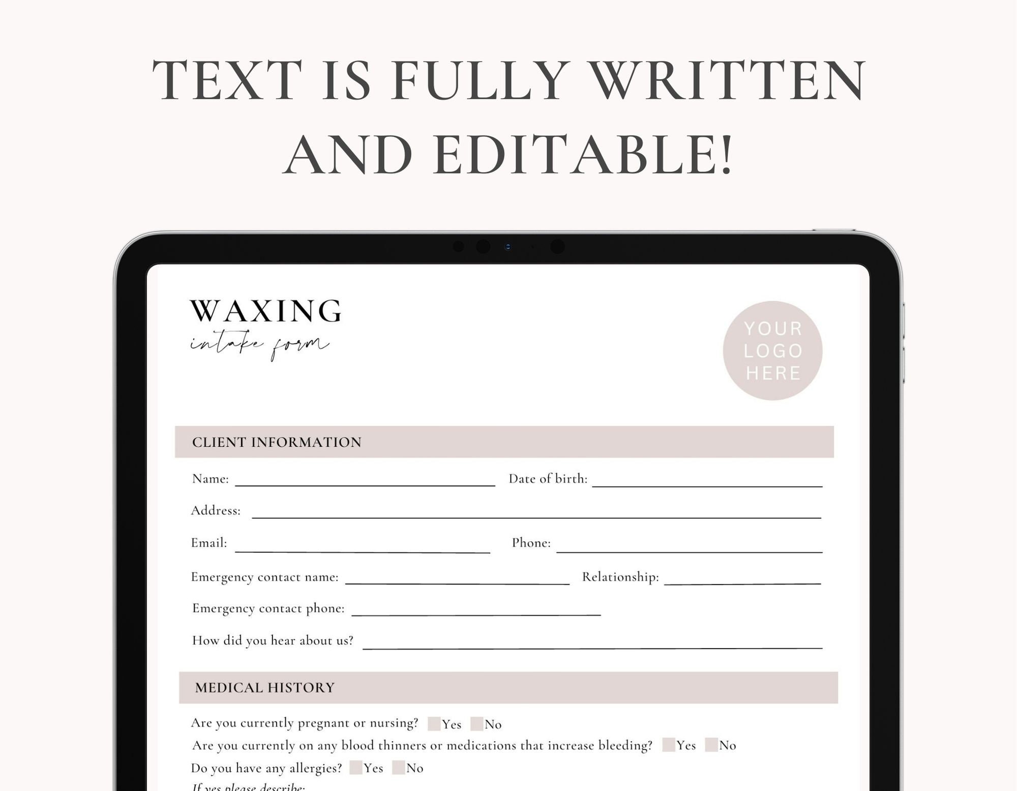 Editable Waxing Treatment Forms | Editable Waxing Client Intake Form ...