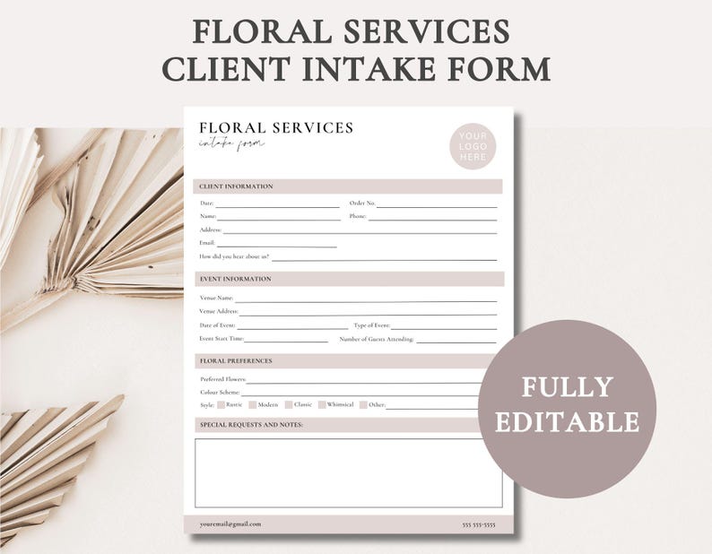 Flower Order Form Floral Services Client Intake Form Wedding Florist ...