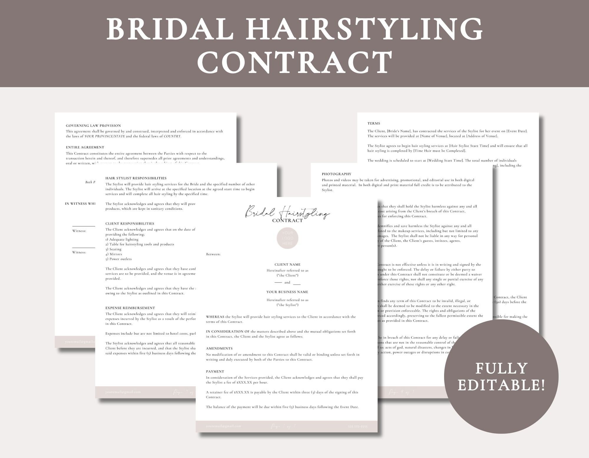 Editable Hairstyling Contract Template | Wedding Services Contract ...