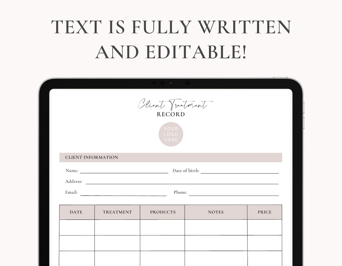 Client Treatment Record Template | Editable Esthetician Treatment ...