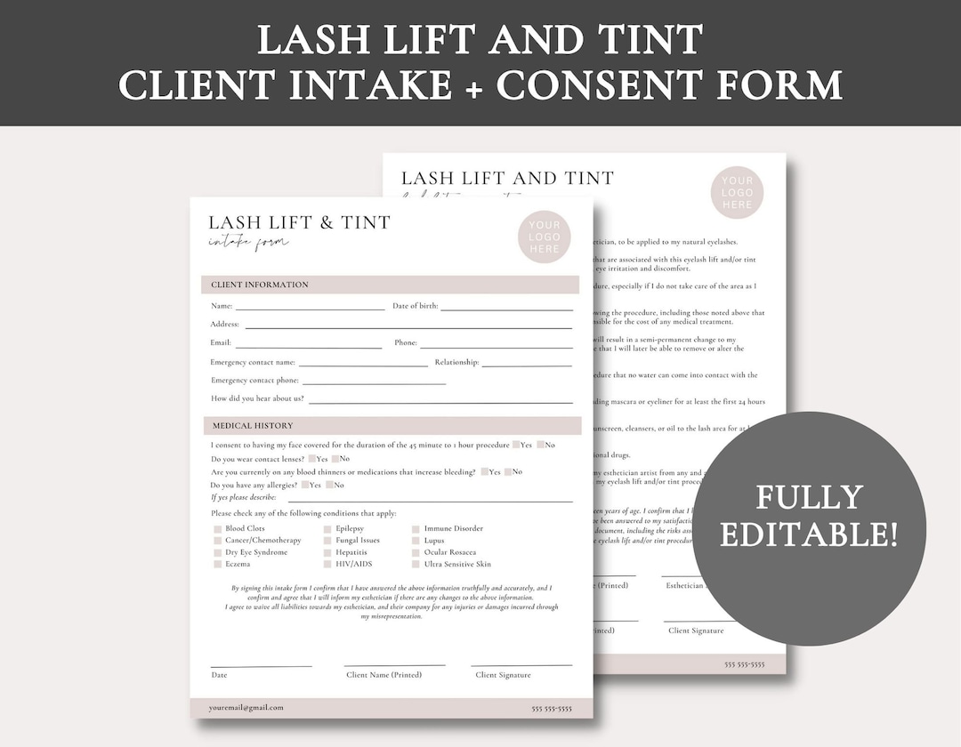 Lash Lift and Tint Client Intake and Consent Form | Editable Lash Lift and Tint Form | Lash Lift ...