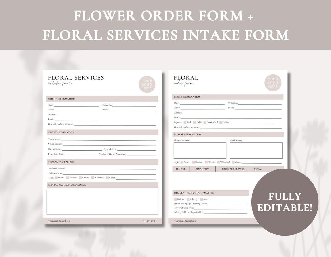 Flower Order Form for Florist Document Template for Florist Business ...