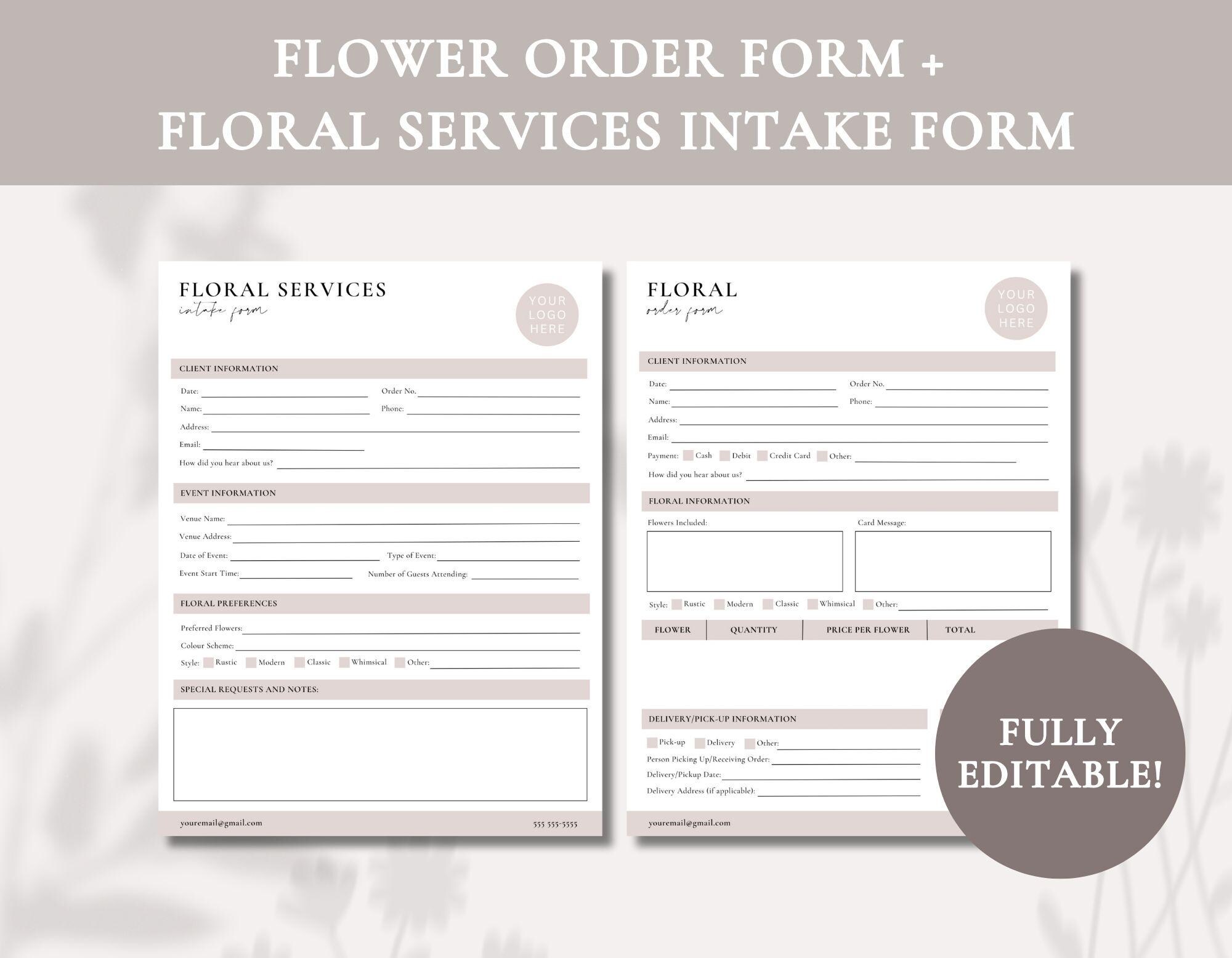 Flower Order Form for Florist Document Template for Florist Business ...