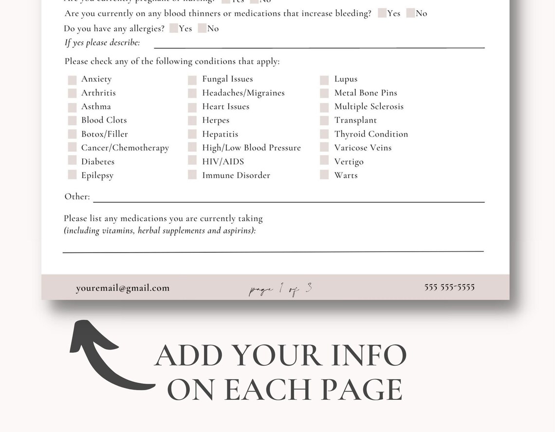 Facial Client Intake Form Facial Treatment Form Facial Consultation ...