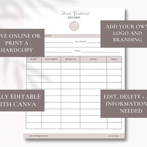 Client Treatment Record Template | Editable Esthetician Treatment ...