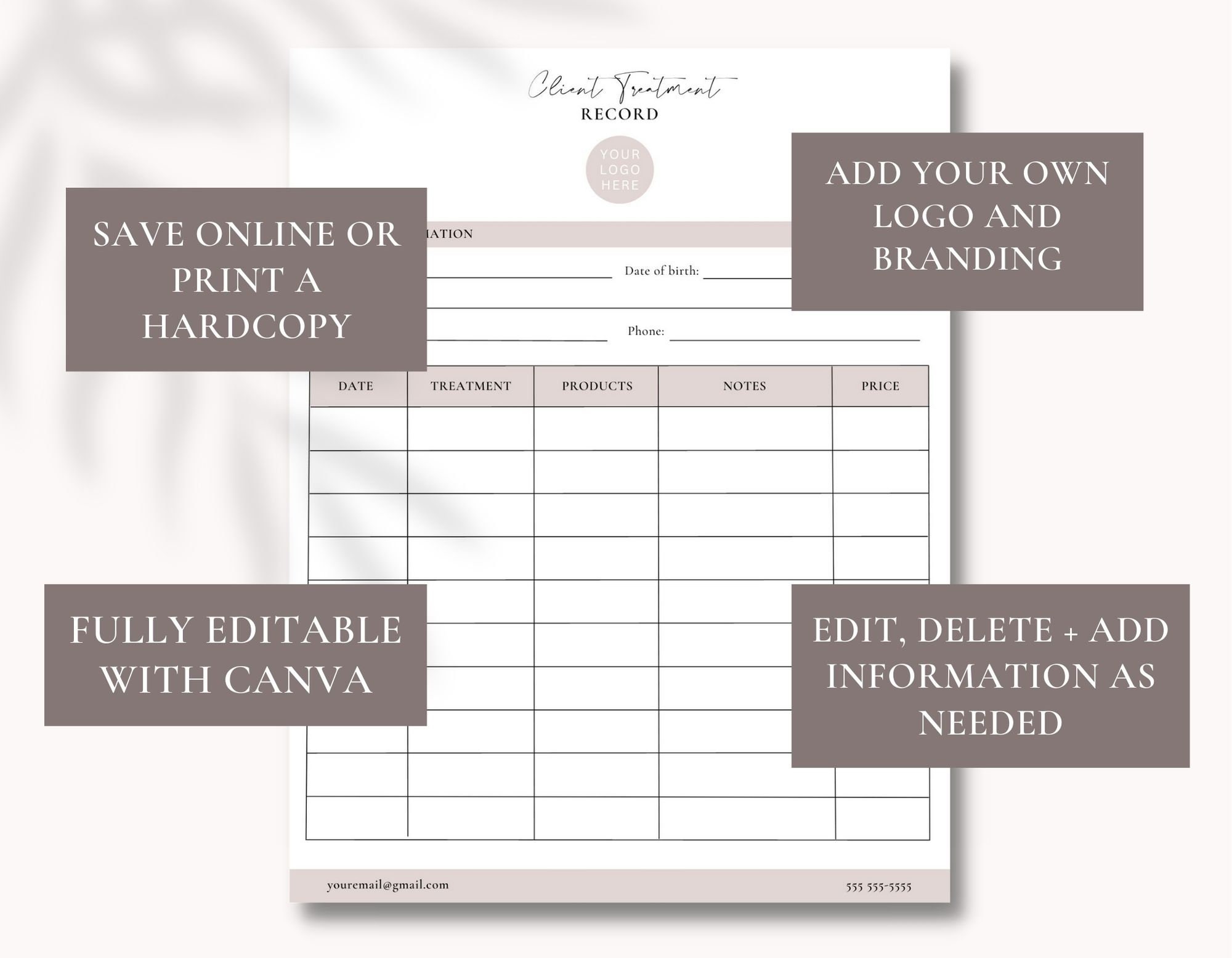 Client Treatment Record Template | Editable Esthetician Treatment ...