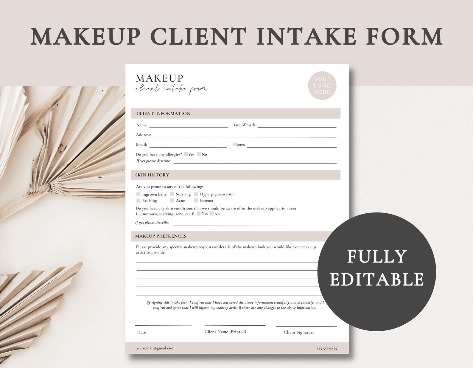 Makeup Artist Client Intake Form | Makeup Client Form | Makeup Artist ...