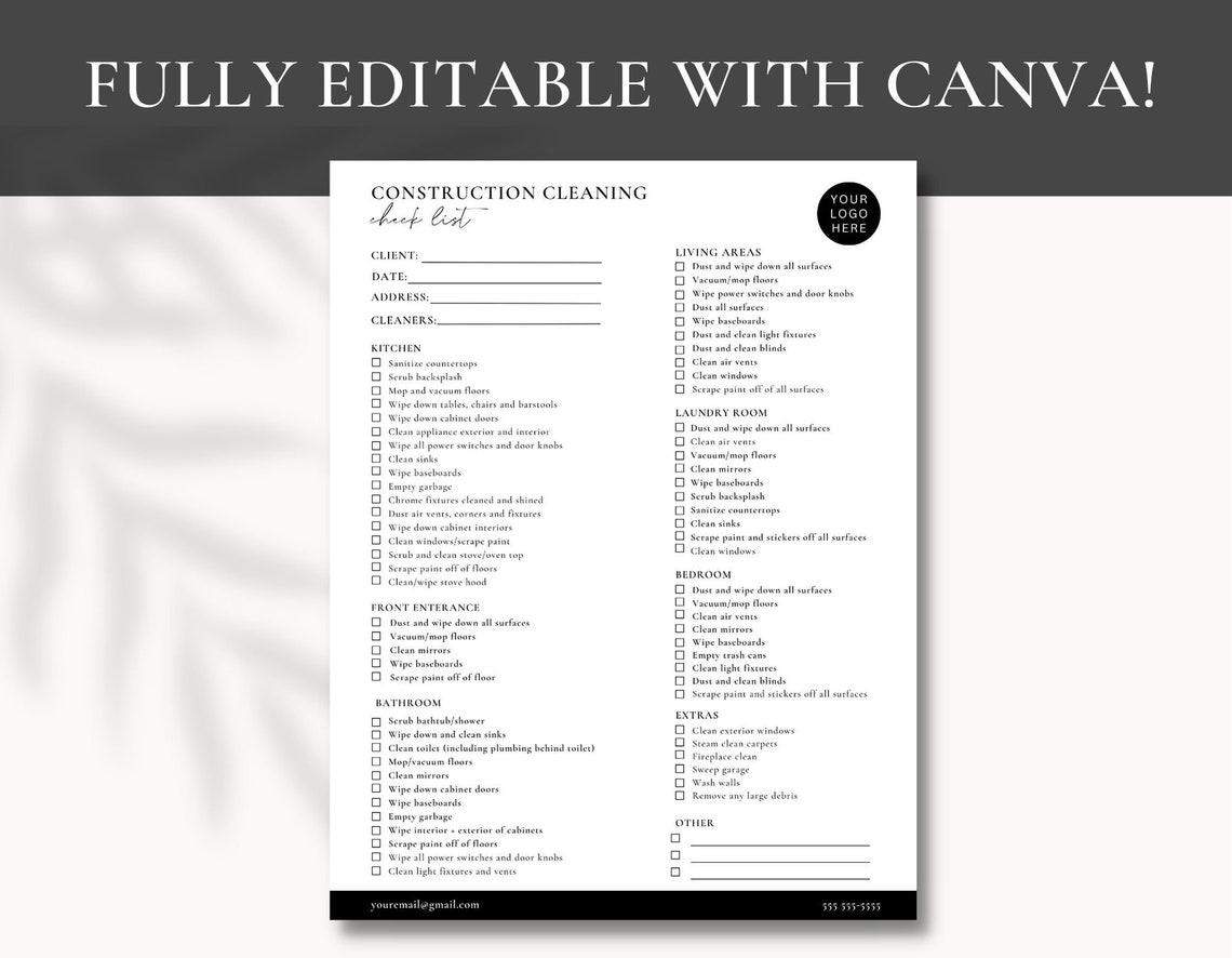 Construction Cleaning Check List | Editable Cleaning Check List ...