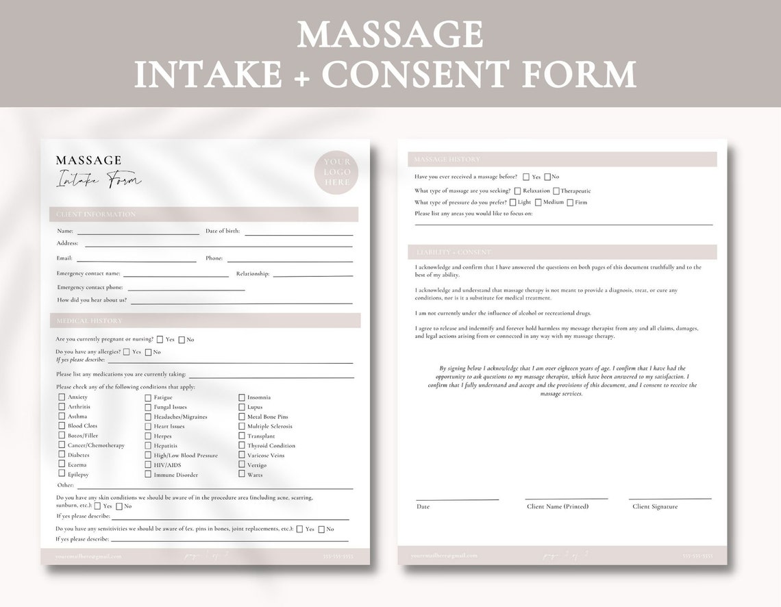 Massage Client Intake Form Editable Client Intake Form Massage Client ...
