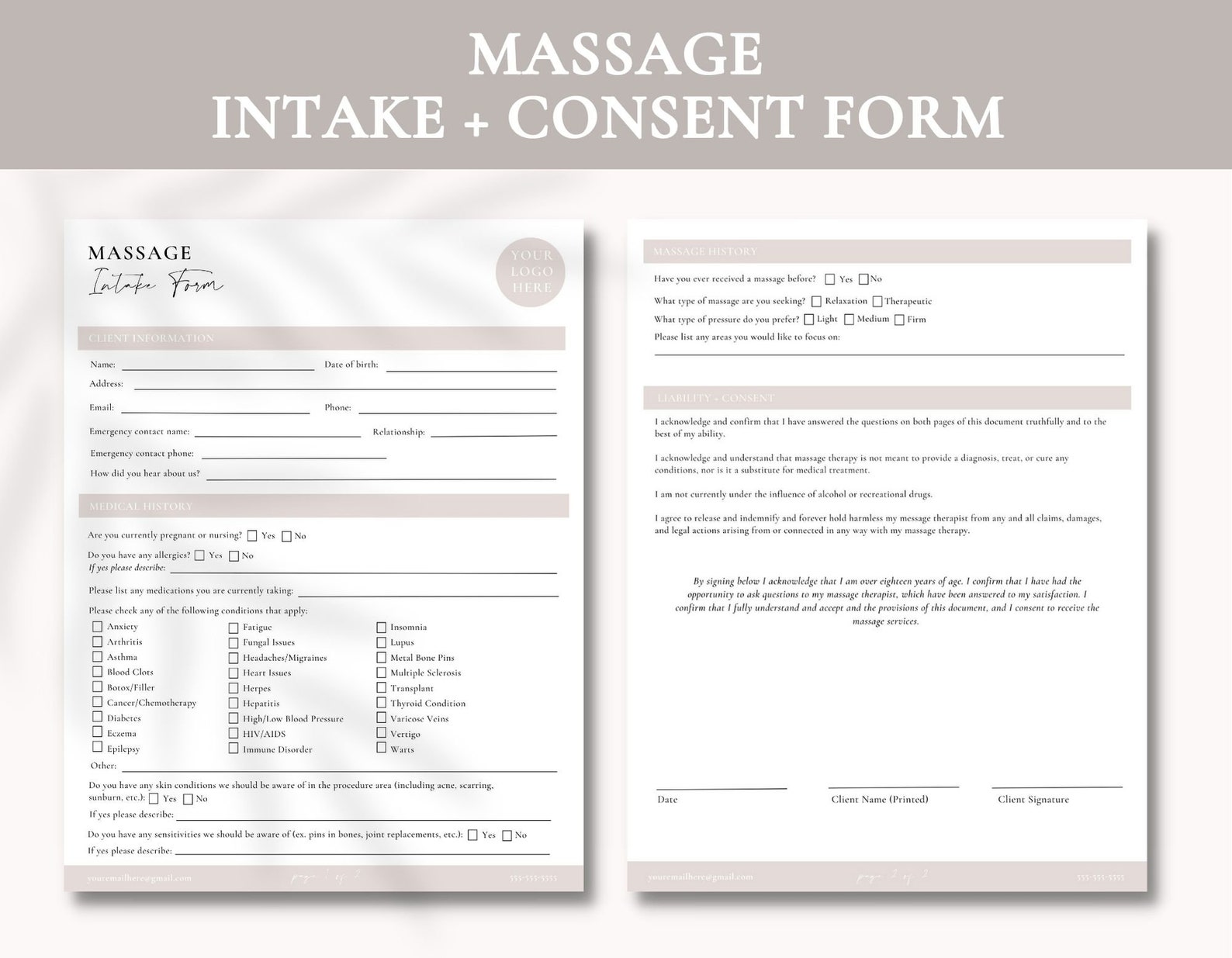 Massage Client Intake Form | Editable Client Intake Form | Massage ...