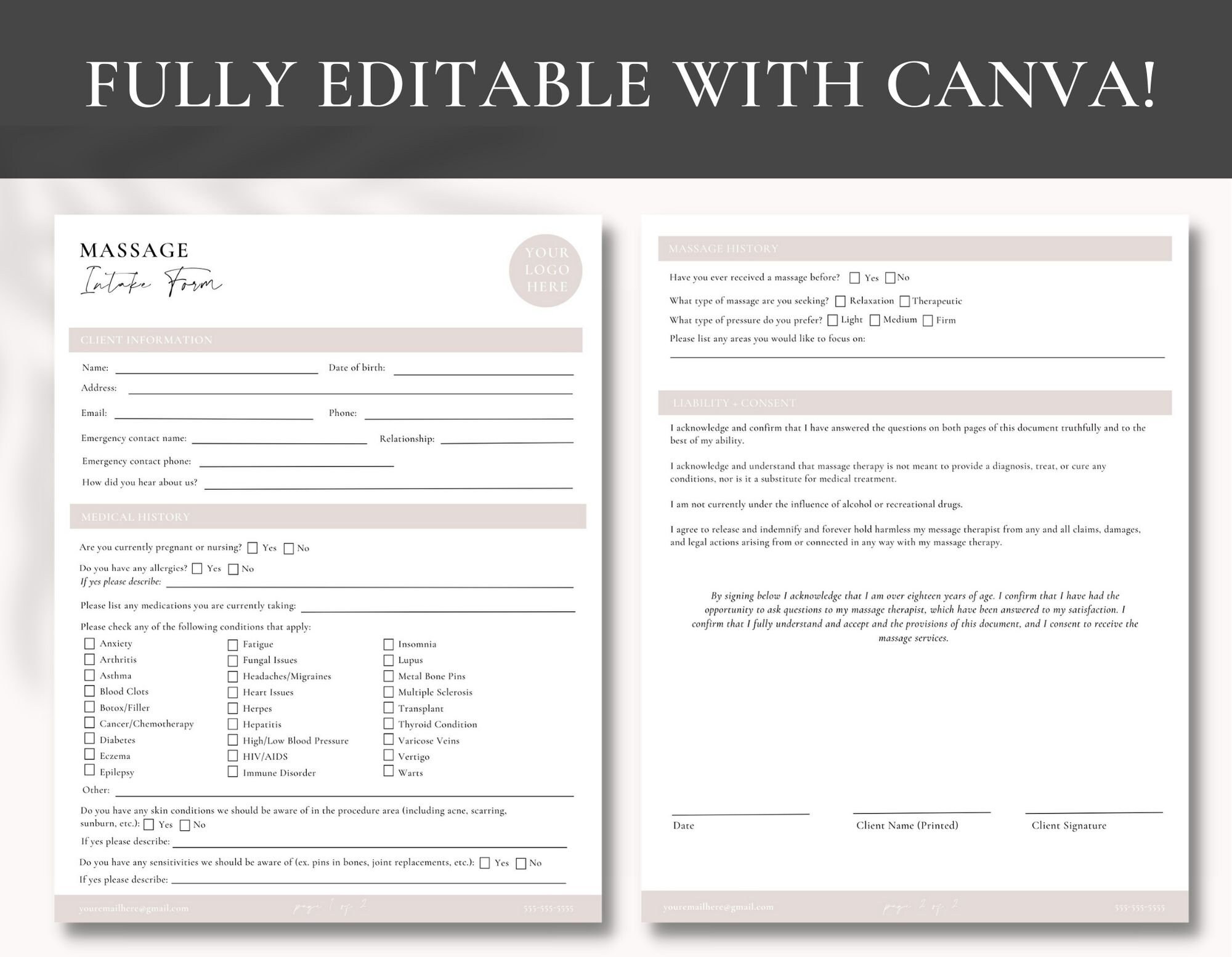 Massage Client Intake Form | Editable Client Intake Form | Massage ...
