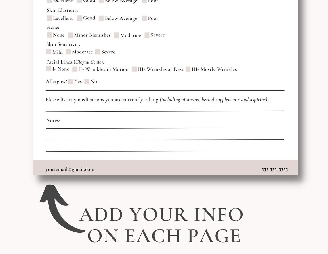 Facial Client Skin Analysis Form | Facial Client Intake Form | Client ...