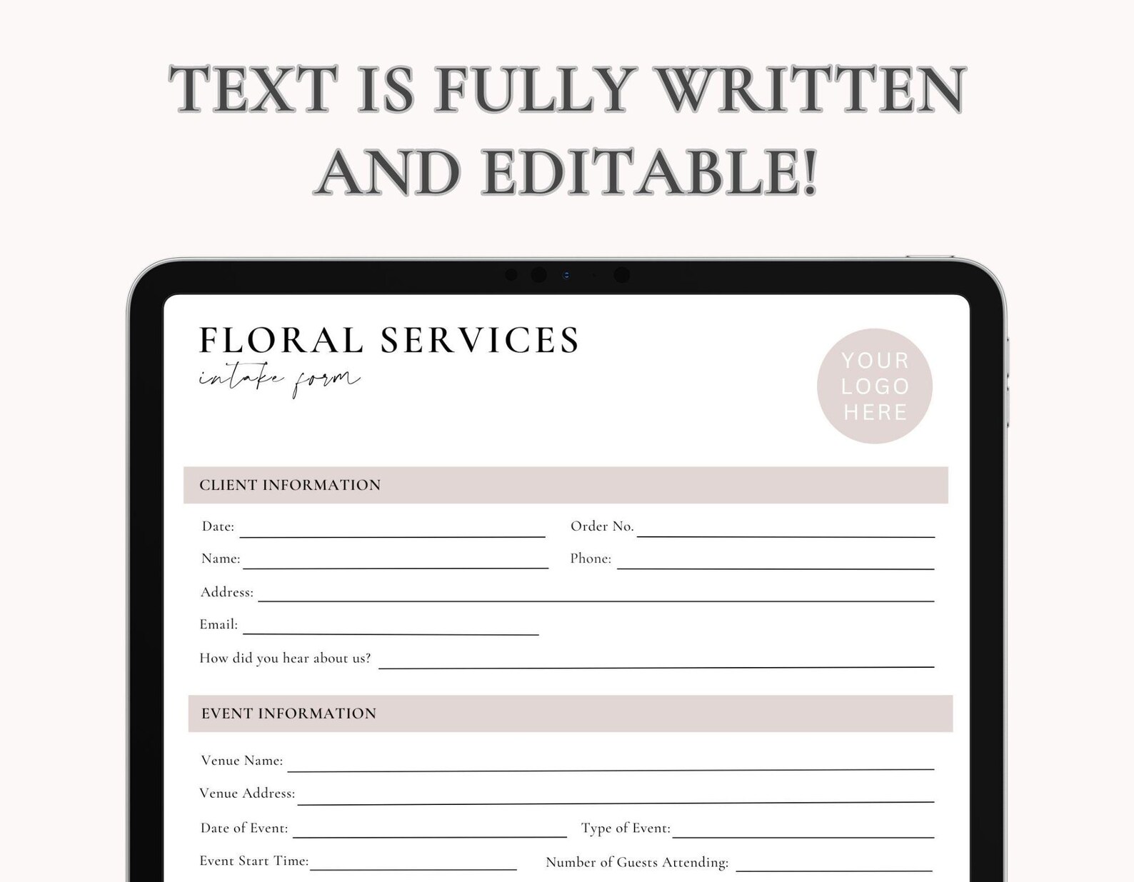 Flower Order Form Floral Services Client Intake Form Wedding Florist ...