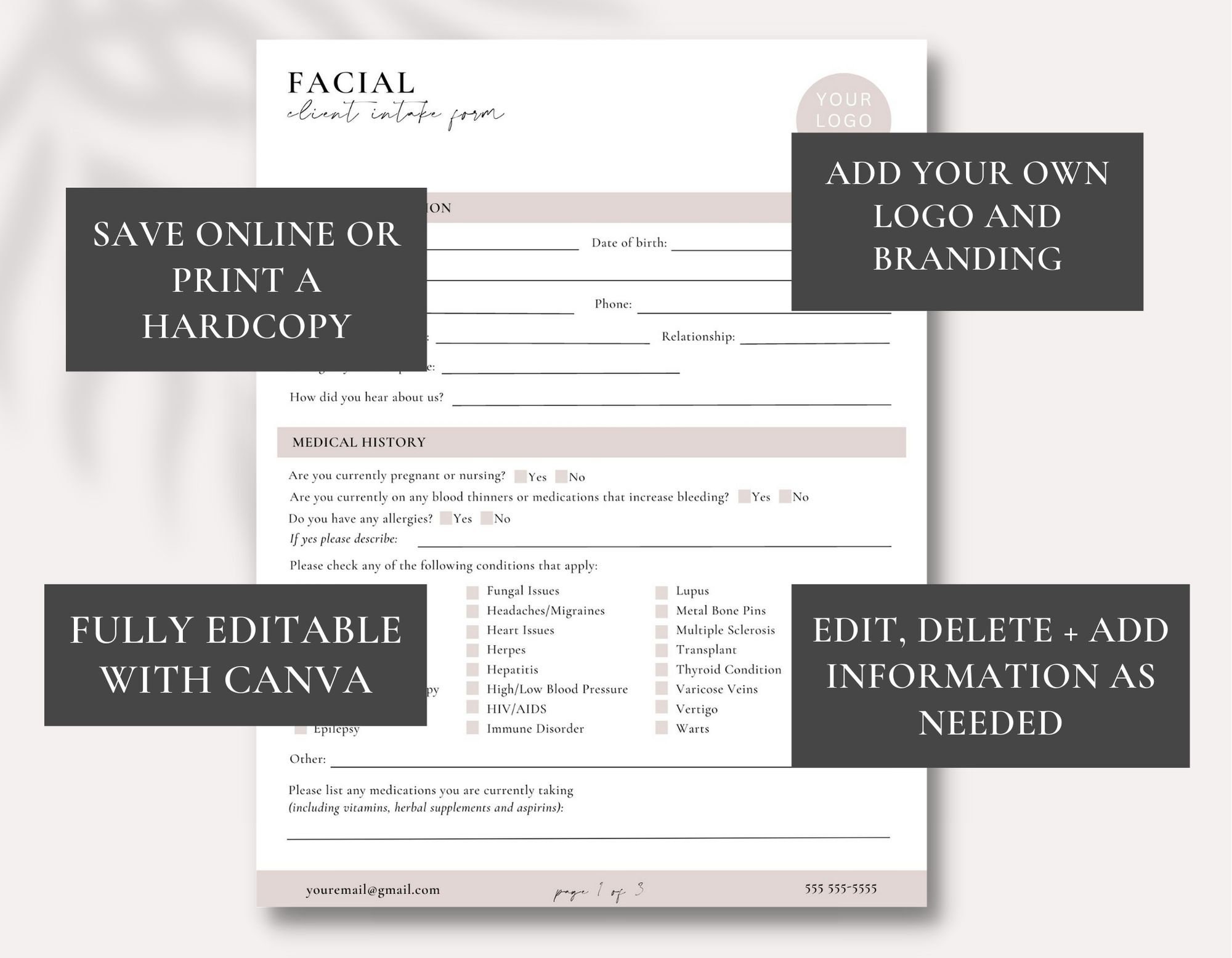 Facial Client Intake Form | Facial Treatment Form | Facial Consultation ...