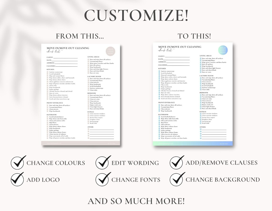 Move in and Move Out Cleaning Check List Template Editable - Etsy