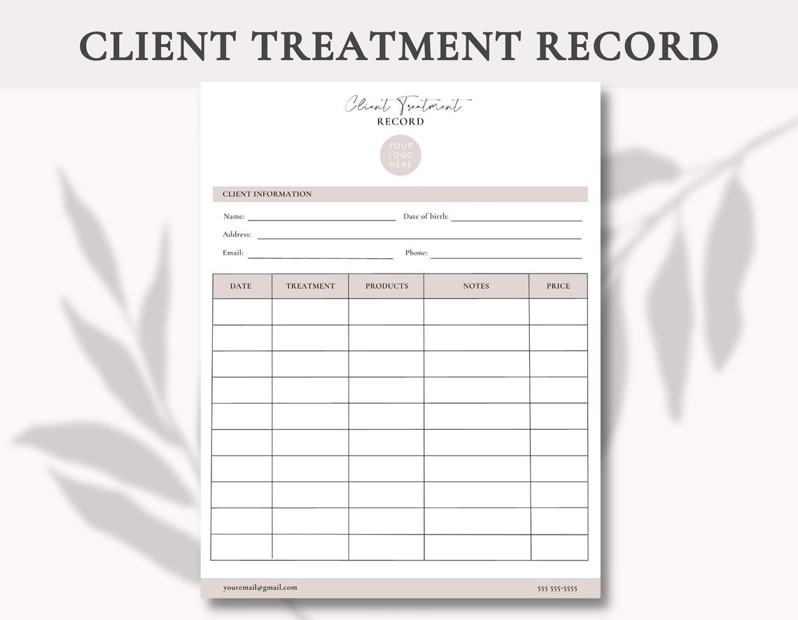 Client Treatment Record Template | Editable Esthetician Treatment ...