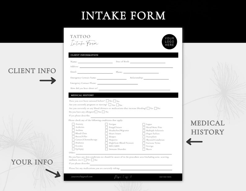 Tattoo Intake Form Tattoo Consent Form Tattoo Artist Forms - Etsy Canada