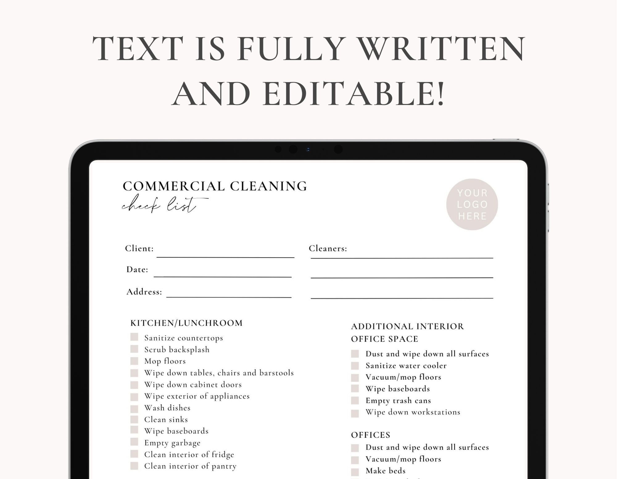 Commercial Cleaning Business Check List Editable Cleaning Check List ...
